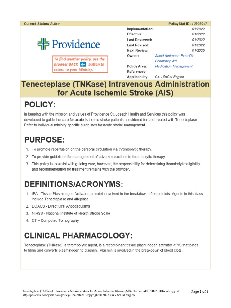 Tenecteplase (TNKase) Intravenous Administration For Acute Ischemic ...