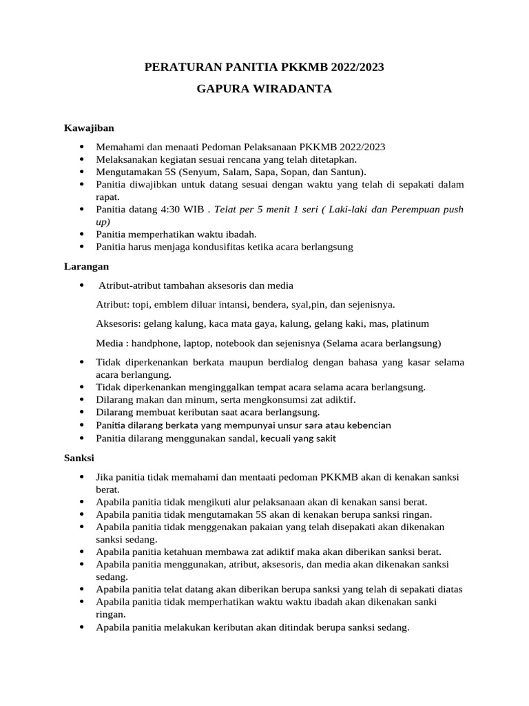 Peraturan Panitia PKKMB 2022 | PDF