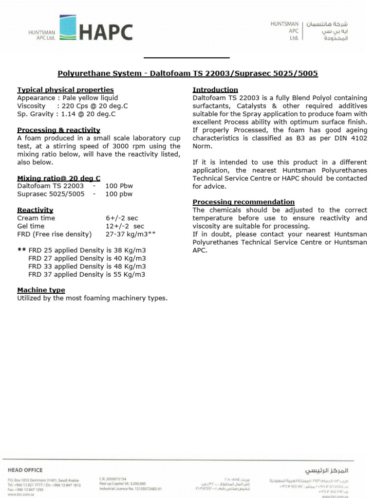 Daltofoam TS 22003 & Suprasec 5025 Data | PDF | Foam | Density