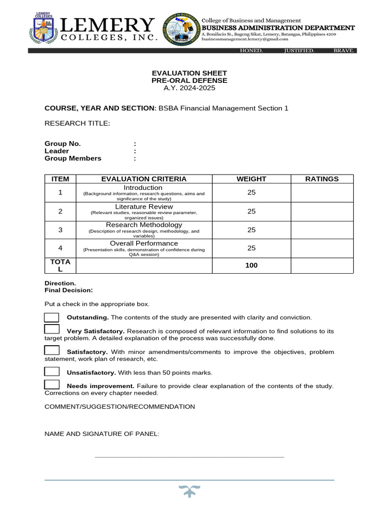 Pre Oral Evaluation Sheet | PDF