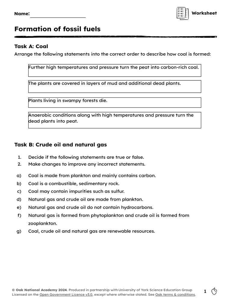 Formation of Fossil Fuels Worksheet | PDF