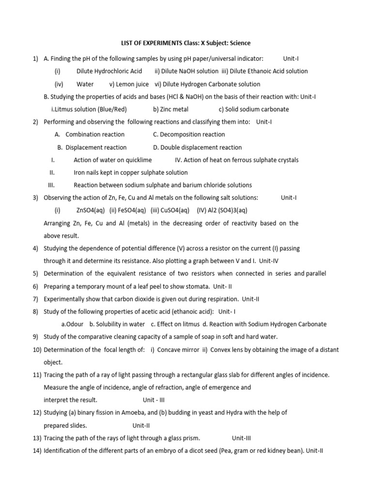 List of Experiments Class X | PDF | Acid | Sodium Hydroxide