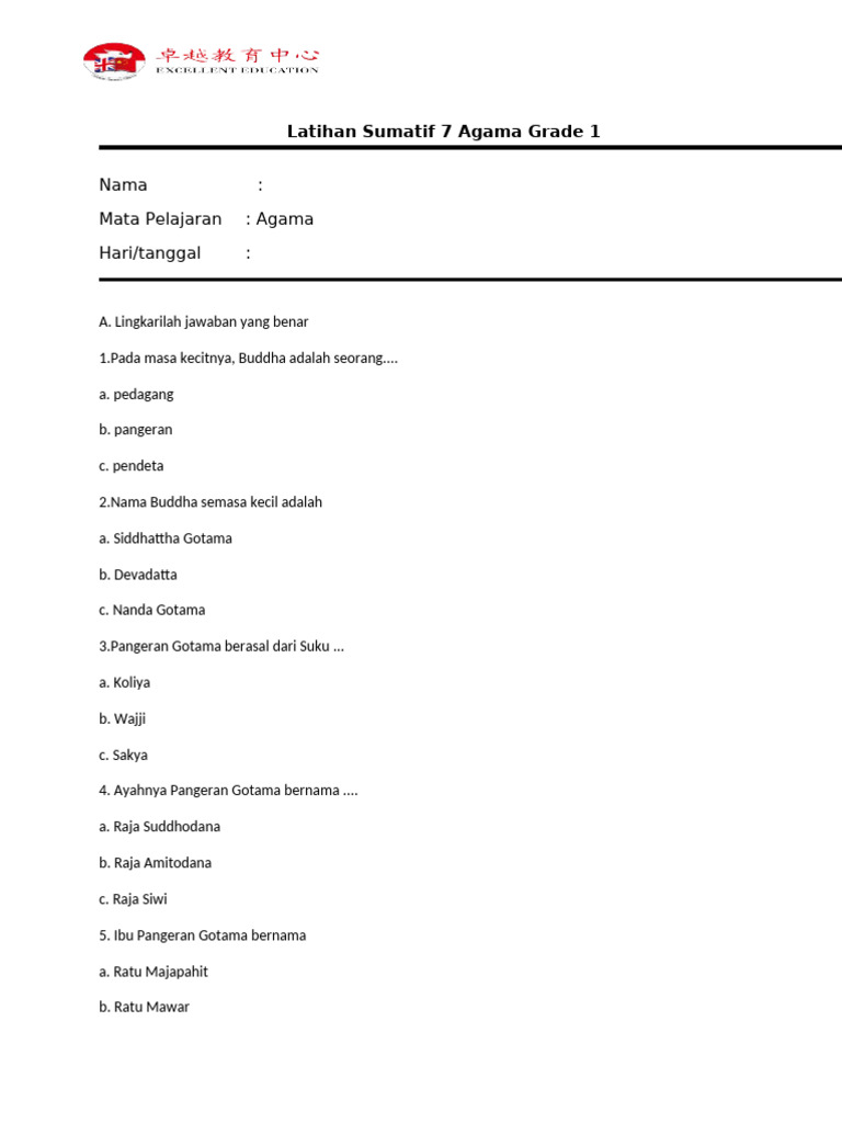 Latihan Sumatif 7 Agama Grade 1 | PDF
