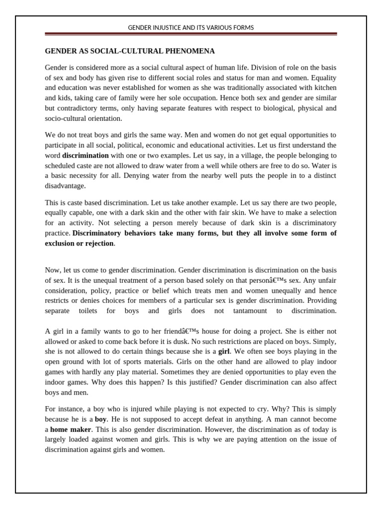 Gender Injustice and Its Various Forms | PDF | Woman | Discrimination