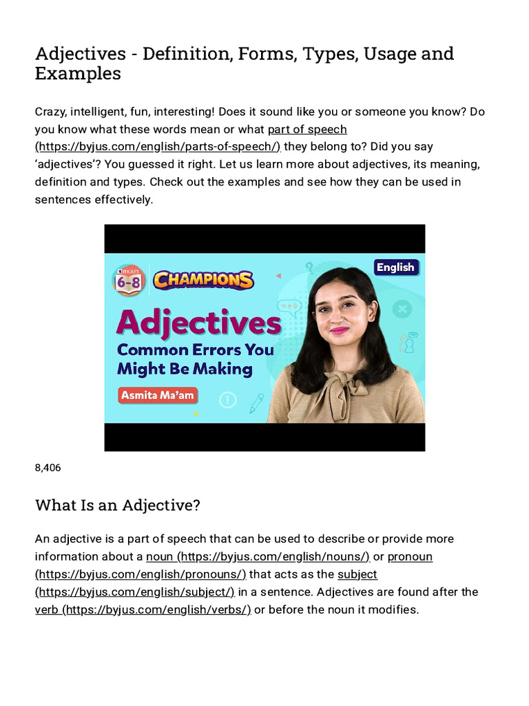 Adjectives - Definition, Forms, Types, Usage and Examples | PDF ...