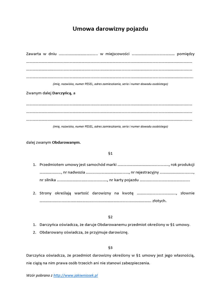 Umowa Darowizny Pojazdu | PDF
