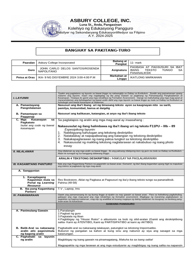 Tekstong Deskriptibo Semi Detailed Lesson Plan | PDF