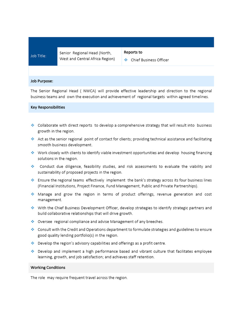 AfricSearch - JD Senior Regional Head NCWA | PDF | Business | Employee ...