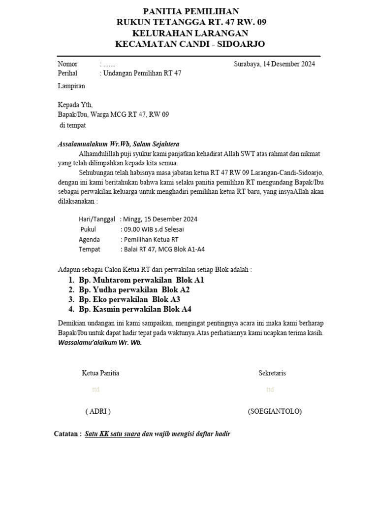 Surat Undangan Pemilihan Ketua RT 47 | PDF