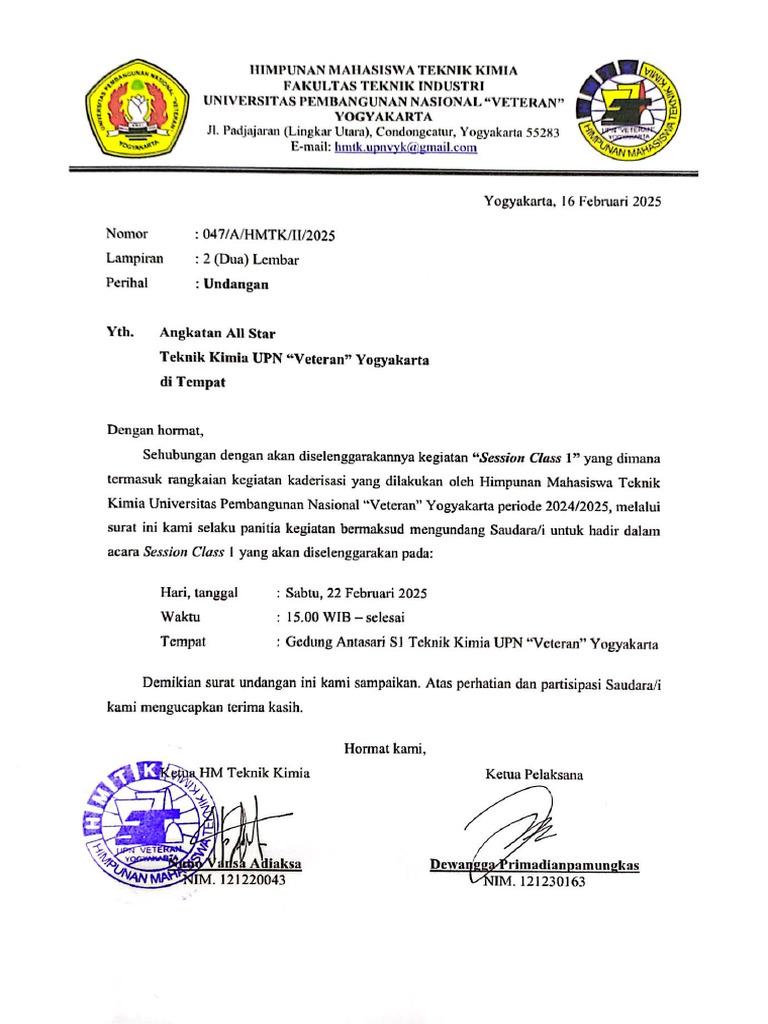 Surat Undangan Session Class Angkatan Al | PDF