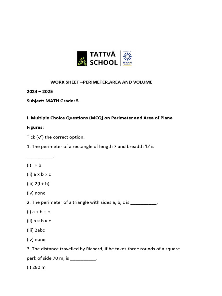 Grade 5 Math: Perimeter, Area, Volume Worksheet | PDF