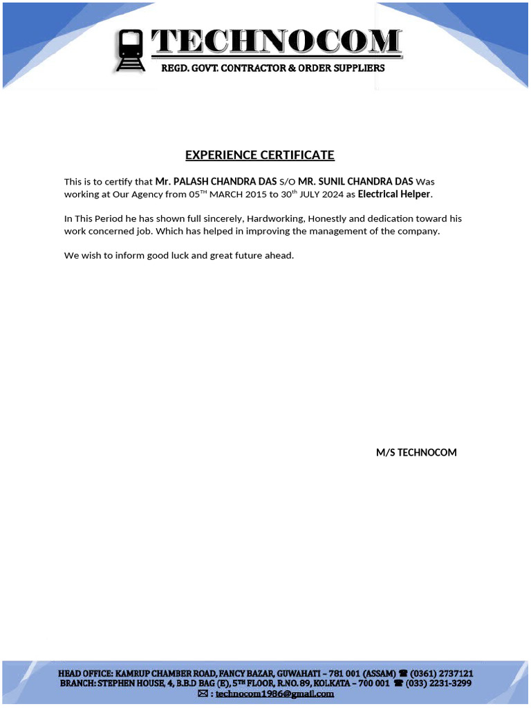Experience Certificate for Electrical Helper | PDF