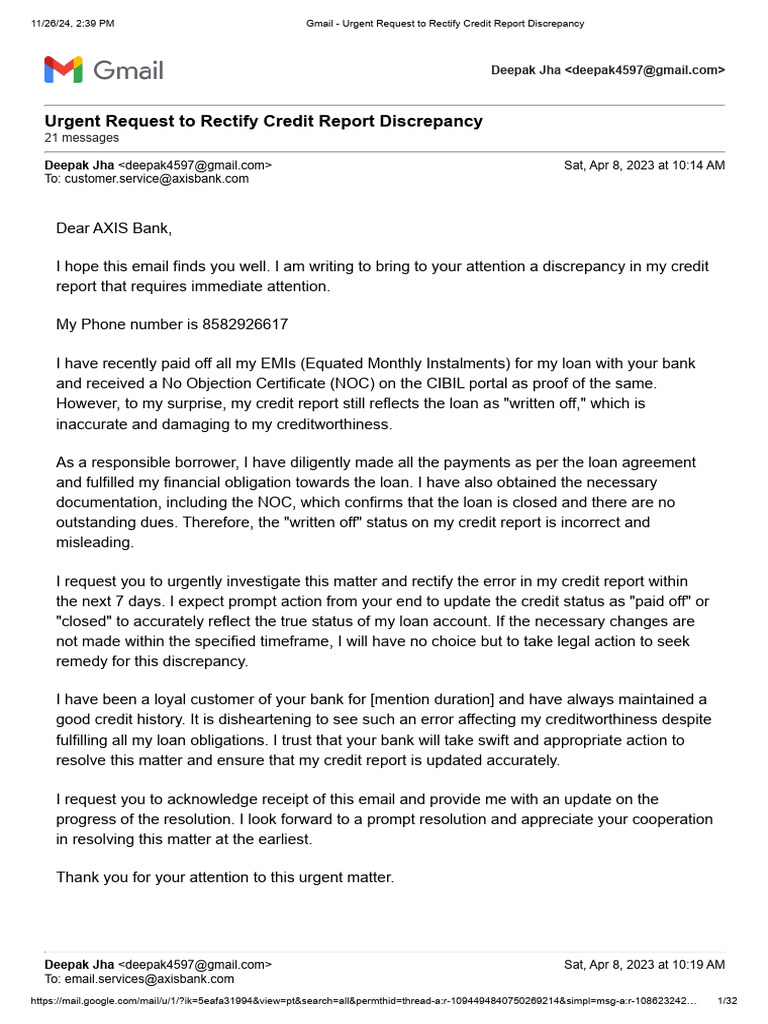 Gmail - Urgent Request To Rectify Credit Report Discrepancy | PDF | Credit | Finance & Money ...