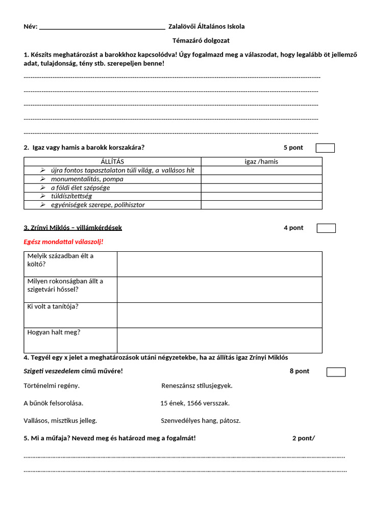 7.osztályos BAROKK IRODALOM TÉMAZÁRÓ 2025.02.05 | PDF