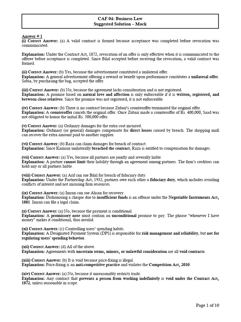 Mock - Suggested Solution | PDF | Law Of Agency | Damages
