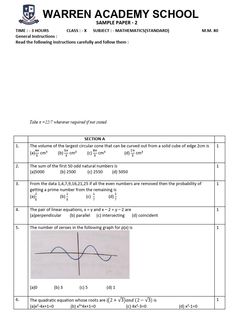 Class X Mathematics Sample Paper | PDF | Circle | Area