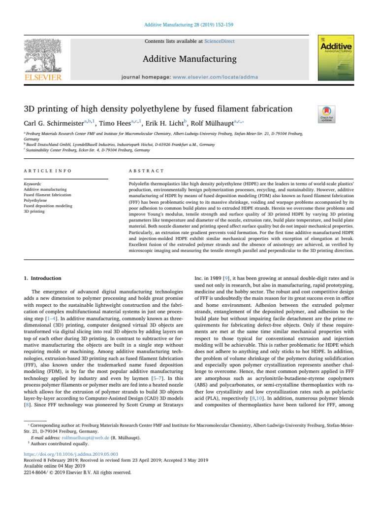 3D Printing of High Density Polyethylene by Fused Filament Fabrication ...