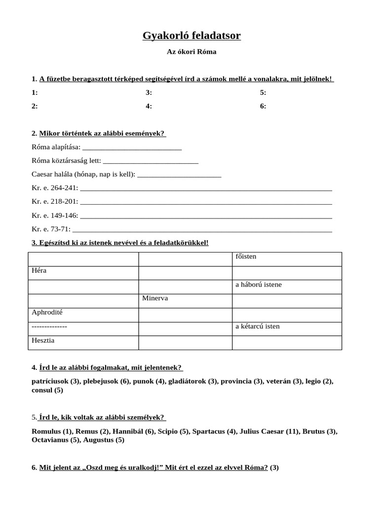 Róma ÖSSZES FELADAT 1 Gyakorló Feladatsor | PDF