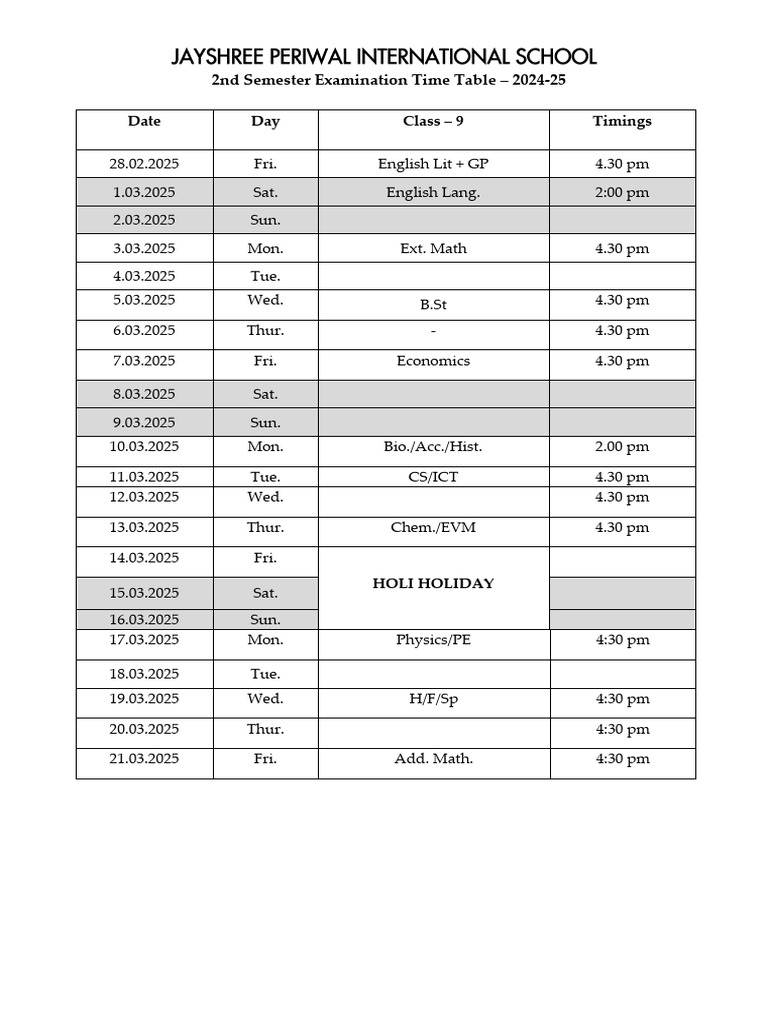 Grade - 9 - 2nd Semester Examination Time Table 2024-25 | PDF