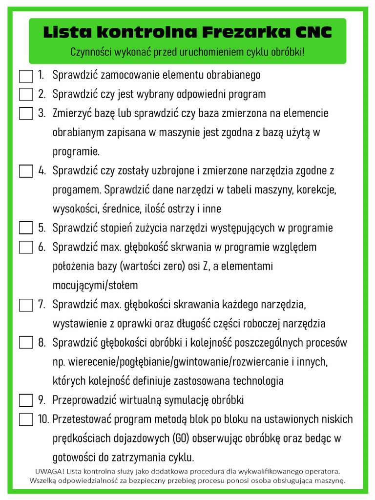 Lista Kontrolna Frezarki CNC - Checkbox | PDF