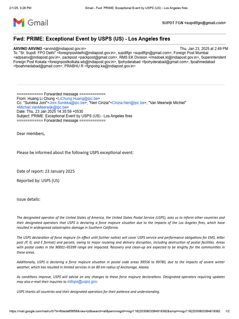 Gmail - FWD - PRIME - Exceptional Event by USPS (US) - Los Angeles ...