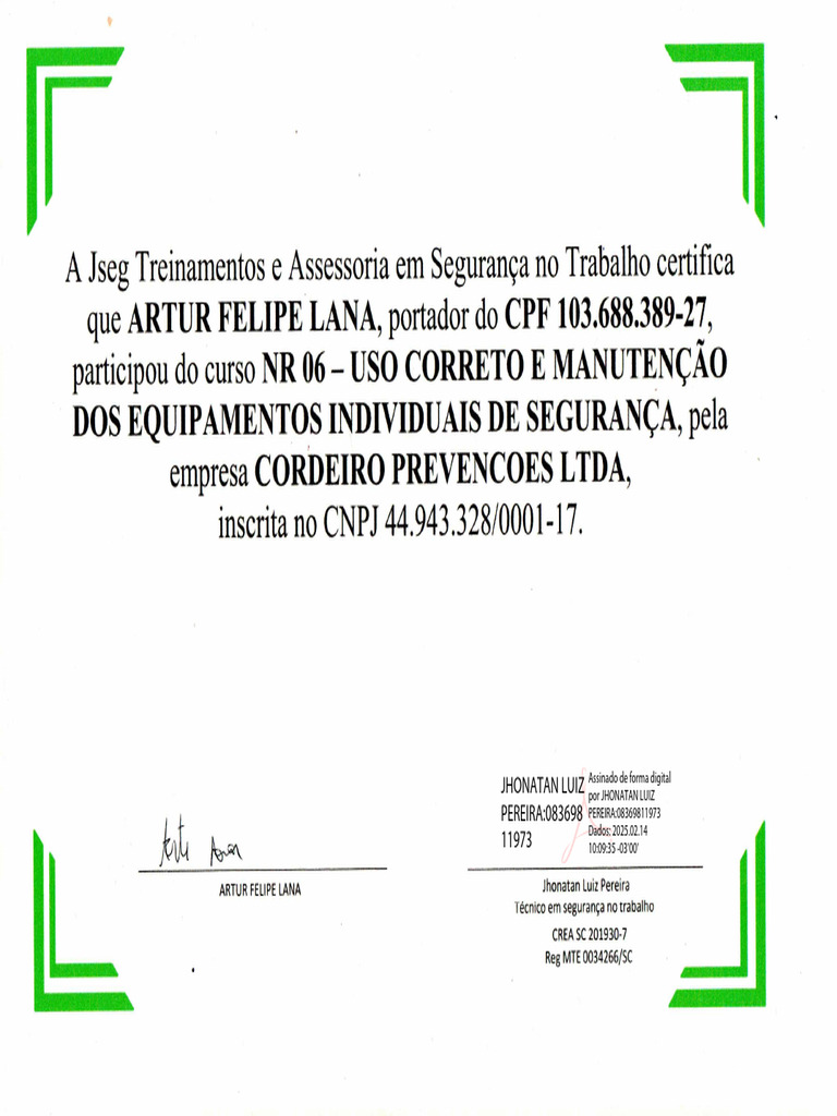 CERTIFICADO DE EPI ARTUR | PDF