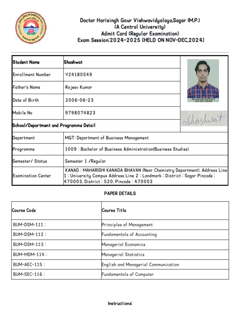 DHSGSU Admit Card Instructions 2024-25 | PDF