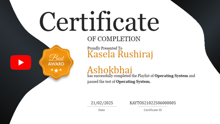 OS Certificate of Kasela Rushiraj Ashokbhai | PDF
