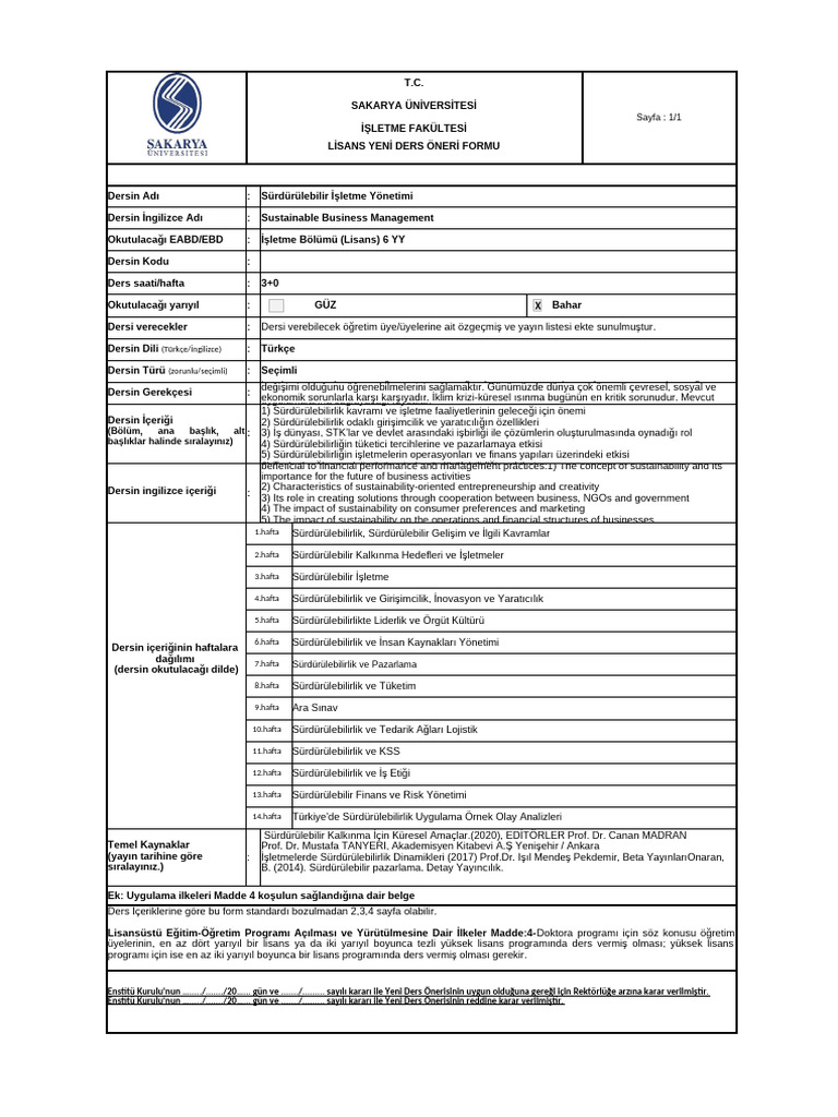 Yeni Ders Öneri Formu - Sürdürülebilir Letme Yönetimi | PDF