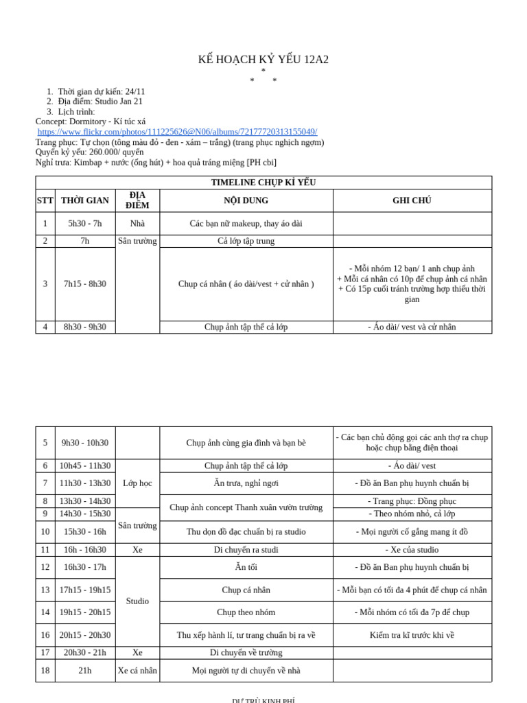 KẾ HOẠCH KỶ YẾU 12A2 | PDF
