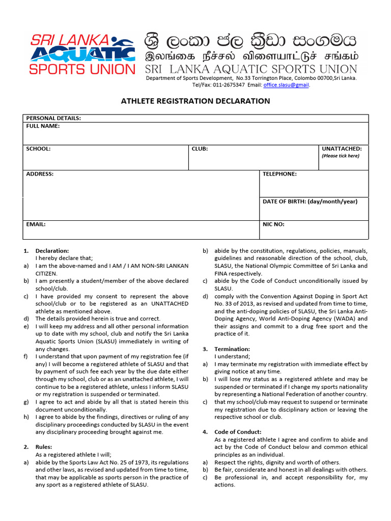 Athlete Registration Declaration | PDF | Justice | Crime & Violence