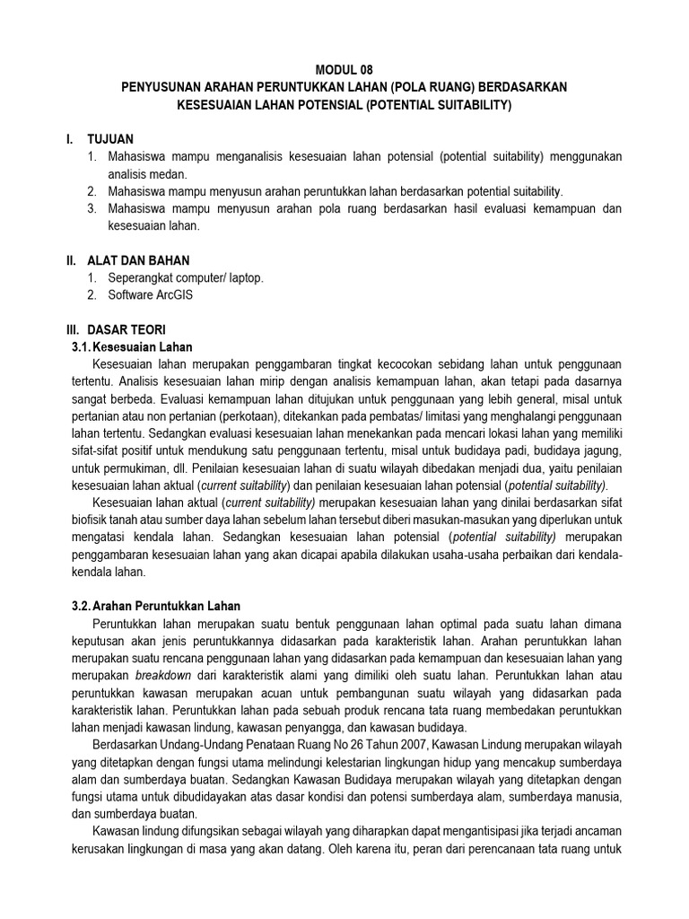 MODUL 08 - ARAHAN PERUNTUKKAN LAHAN BERDASARKAN POTENTIAL SUITABILITY (POLA RUANG) | PDF