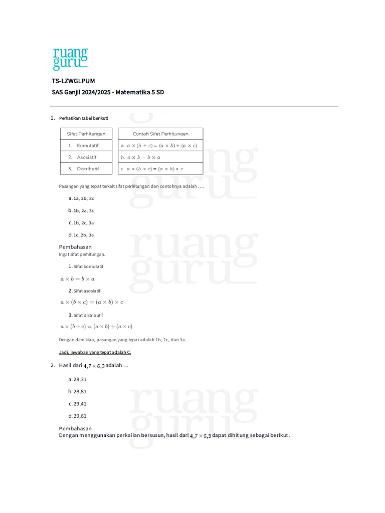 SAS Ganjil 2024_2025 - Matematika 5 SD - Pembahasan | PDF