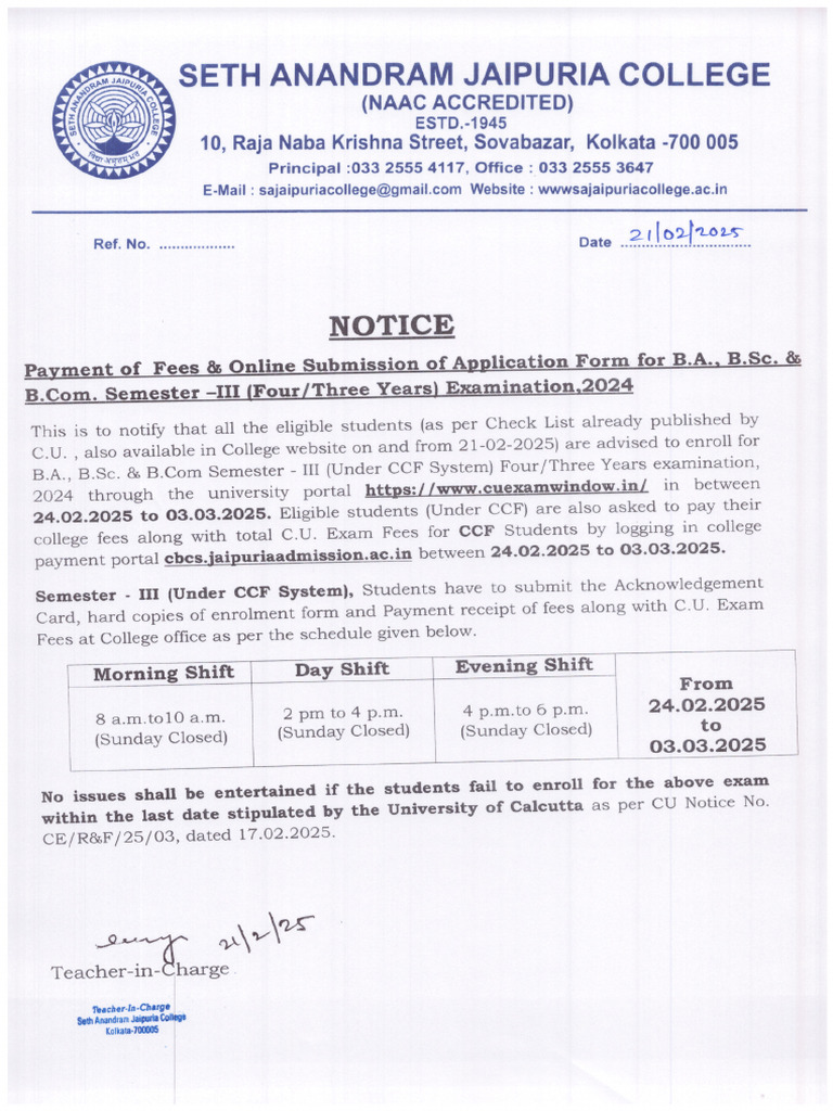 Revised Sem III Form Fillup (CCF) | PDF