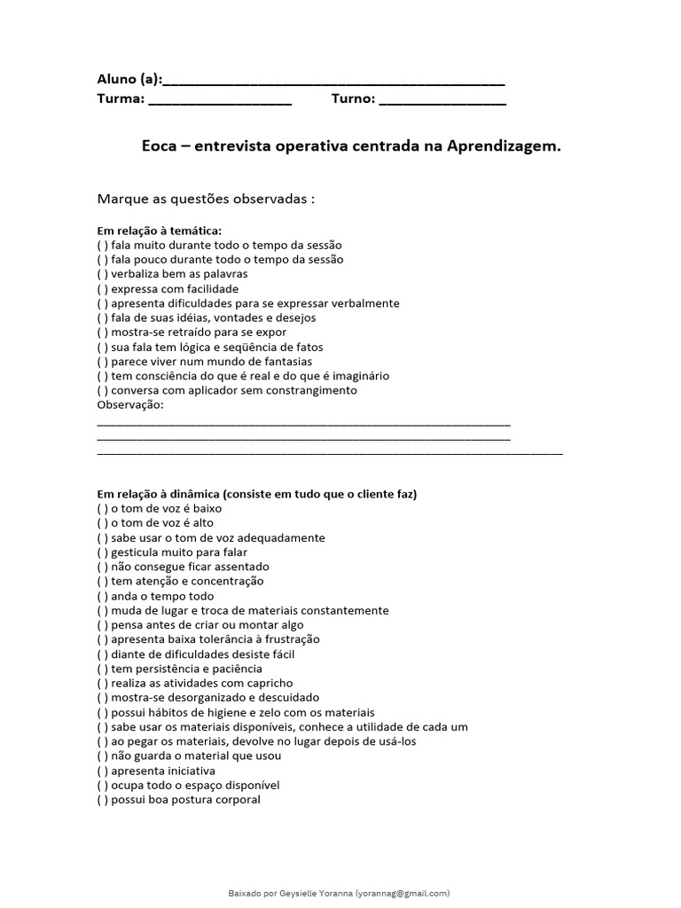 Roteiro Da Eoca Eoca.pdf.PDF | PDF | Aprendizado