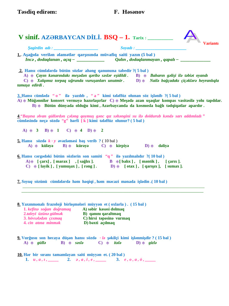 V Sinif Az. Dili - BSQ + 1 A.-B | PDF
