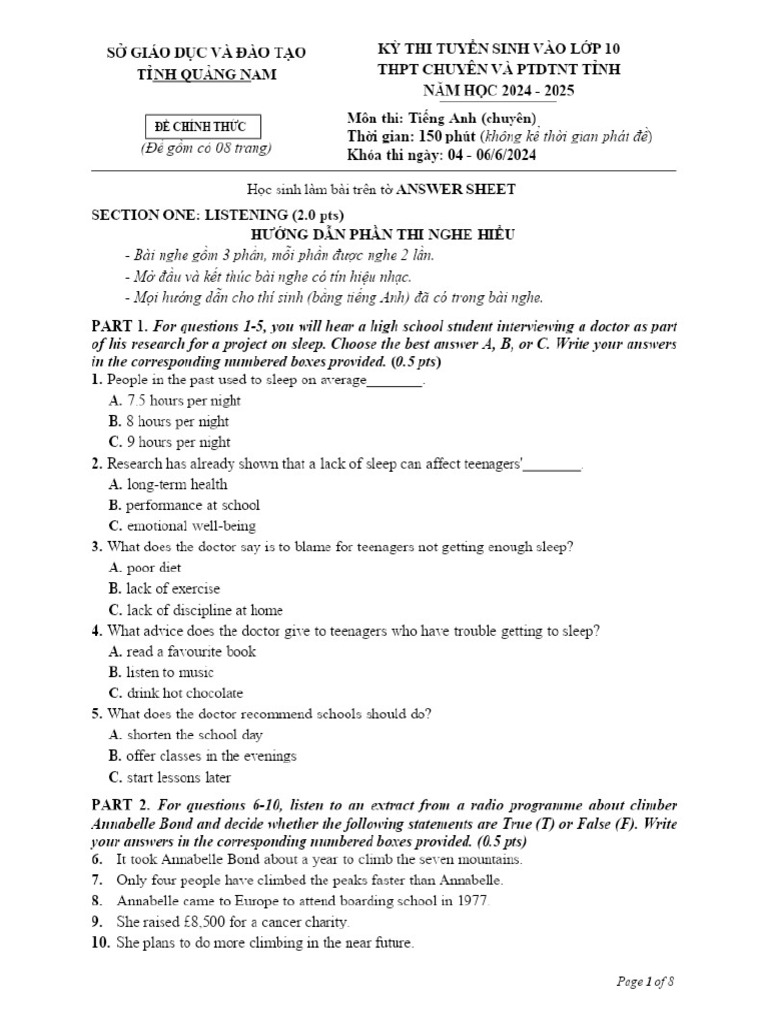 De Thi Chuyen Anh Quang Nam 2024 2025docx - 1600 - PDF - Gdrive.vip | PDF