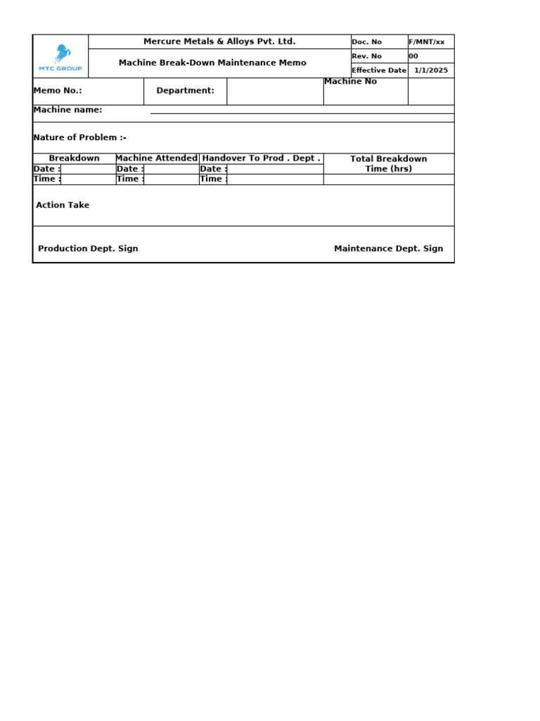 Machine Breakdown Maintenance Memo | PDF