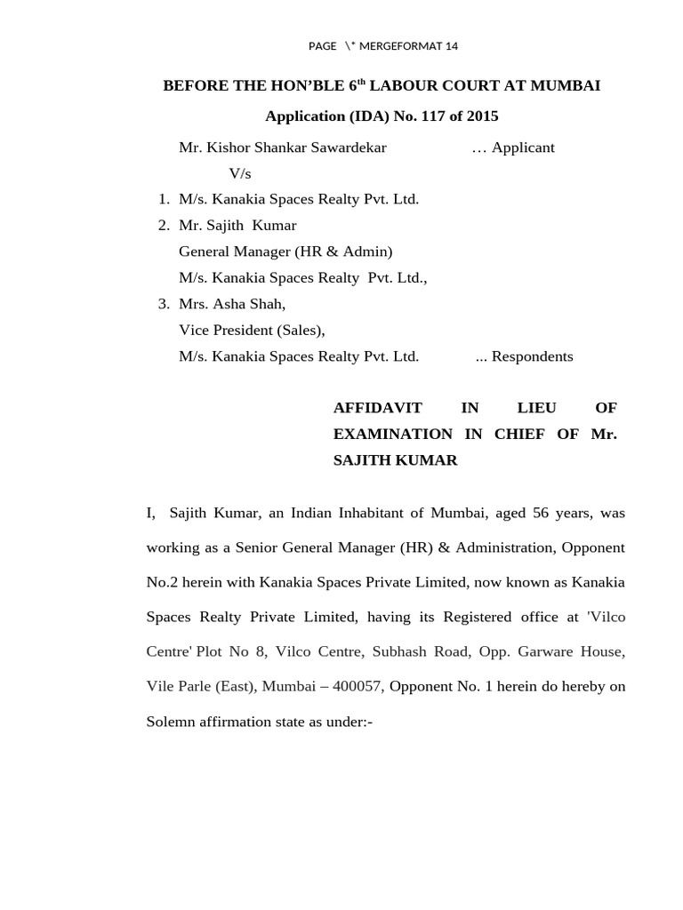 Affidavit of Sajith Kumar in Labour Case | PDF | Complaint