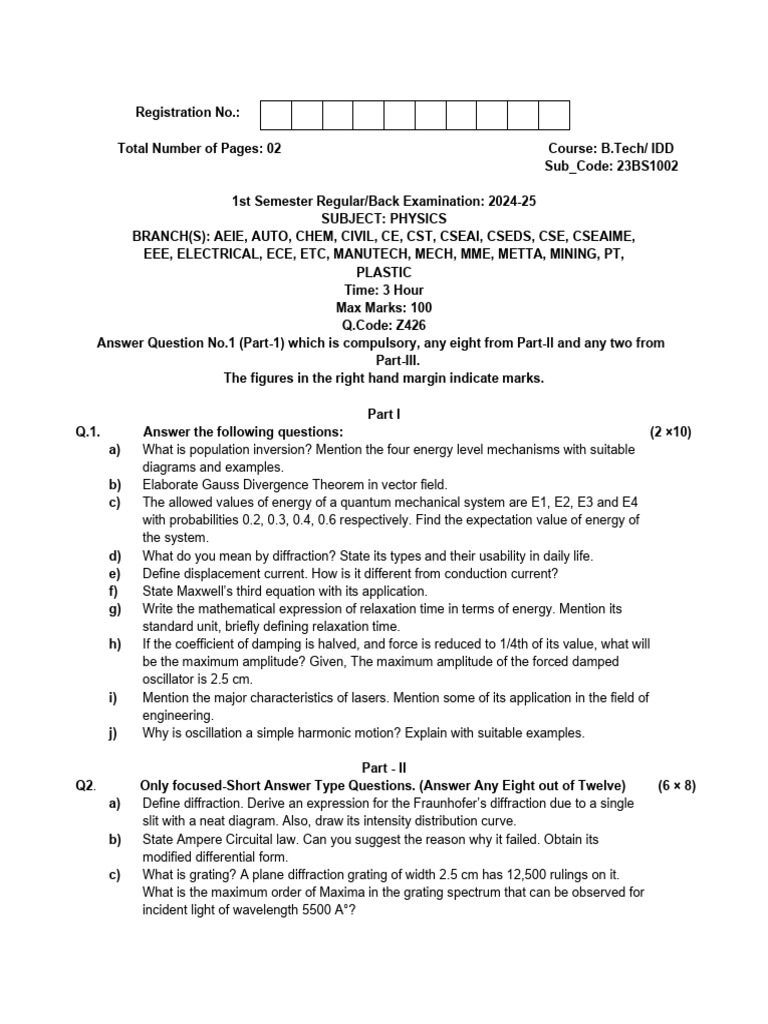B.Tech Physics Exam Paper 2024-25 | PDF | Waves | Diffraction