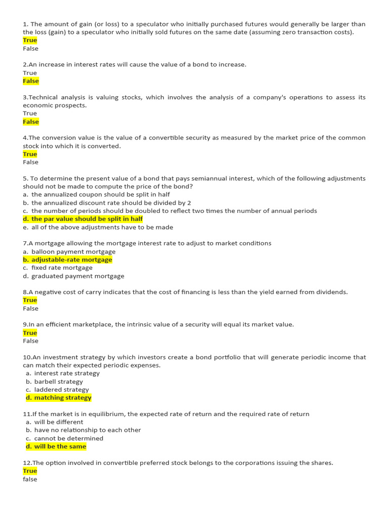 Financial Concepts True/False Quiz | PDF | Bonds (Finance) | Option ...