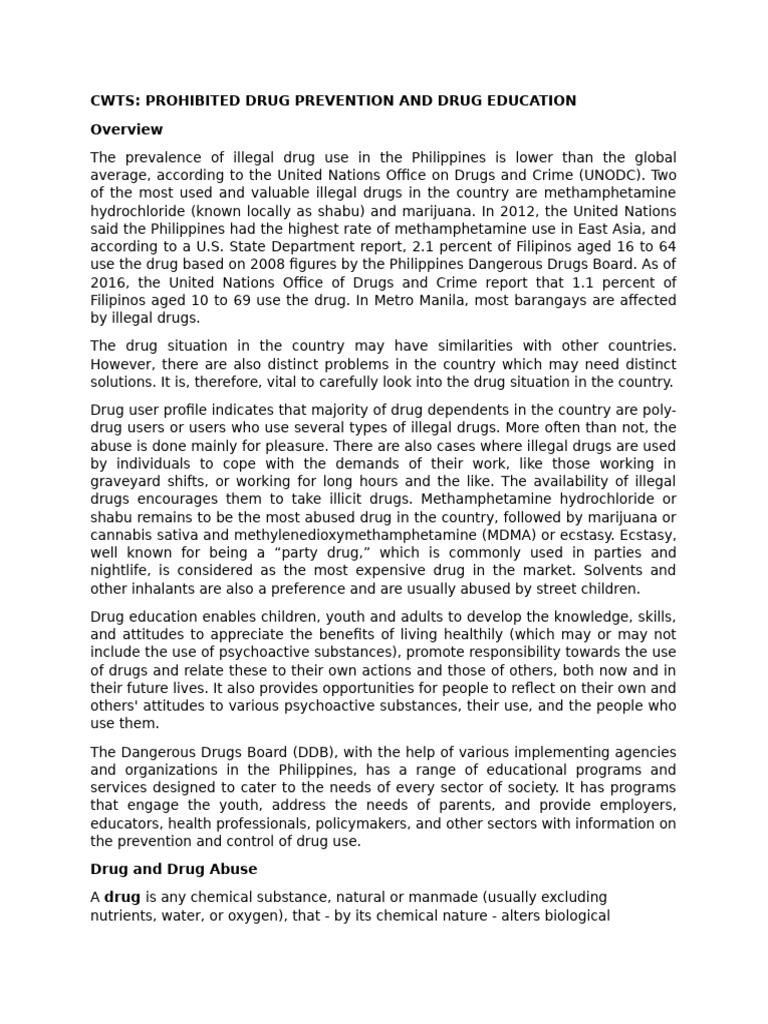 CWTS - Prohibited Drug Prevention and Drug Education | PDF | Drugs | Mdma