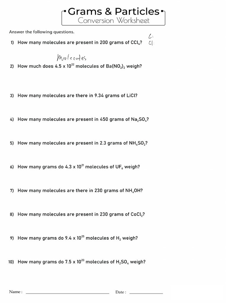 Grams and Particles Conversion Worksheet | PDF