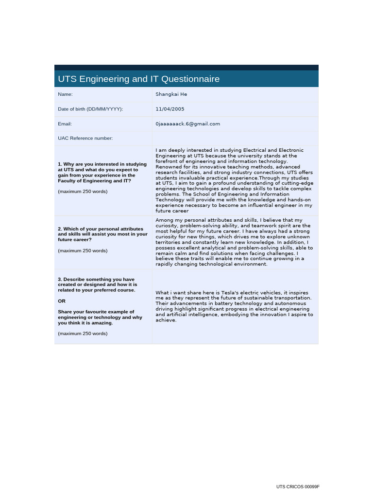 UTS Engineering and IT Questionnaire Template 2024 FINAL | PDF ...