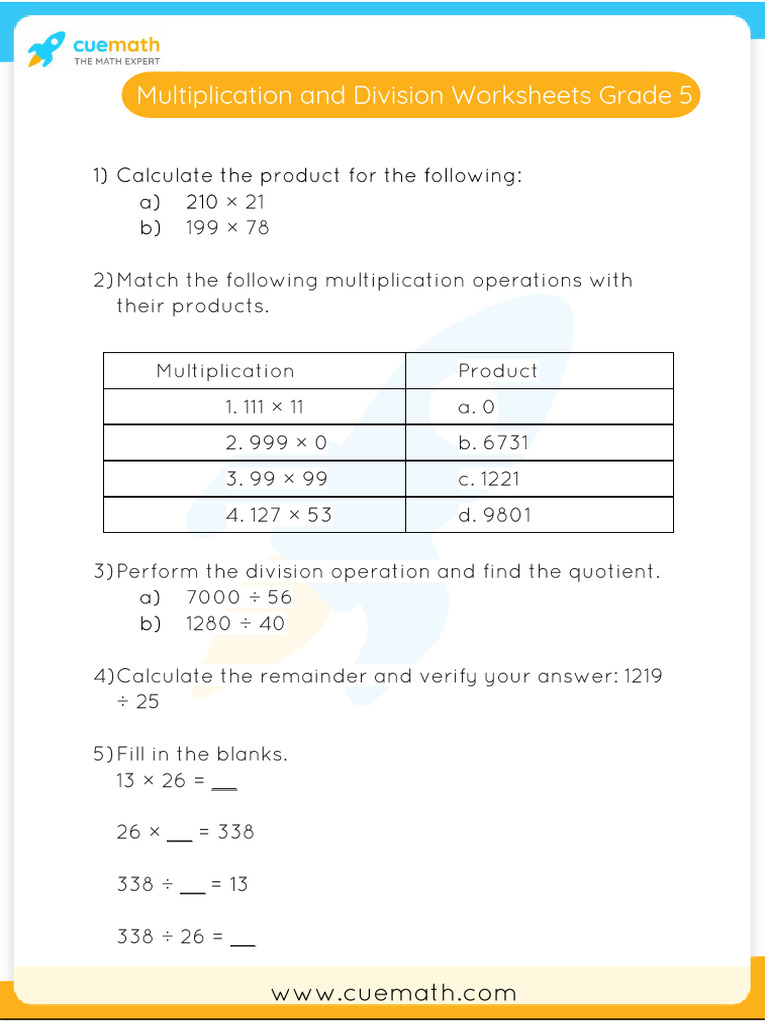 Multiplication and Division Worksheets Grade 5 - Worksheet 1 | PDF