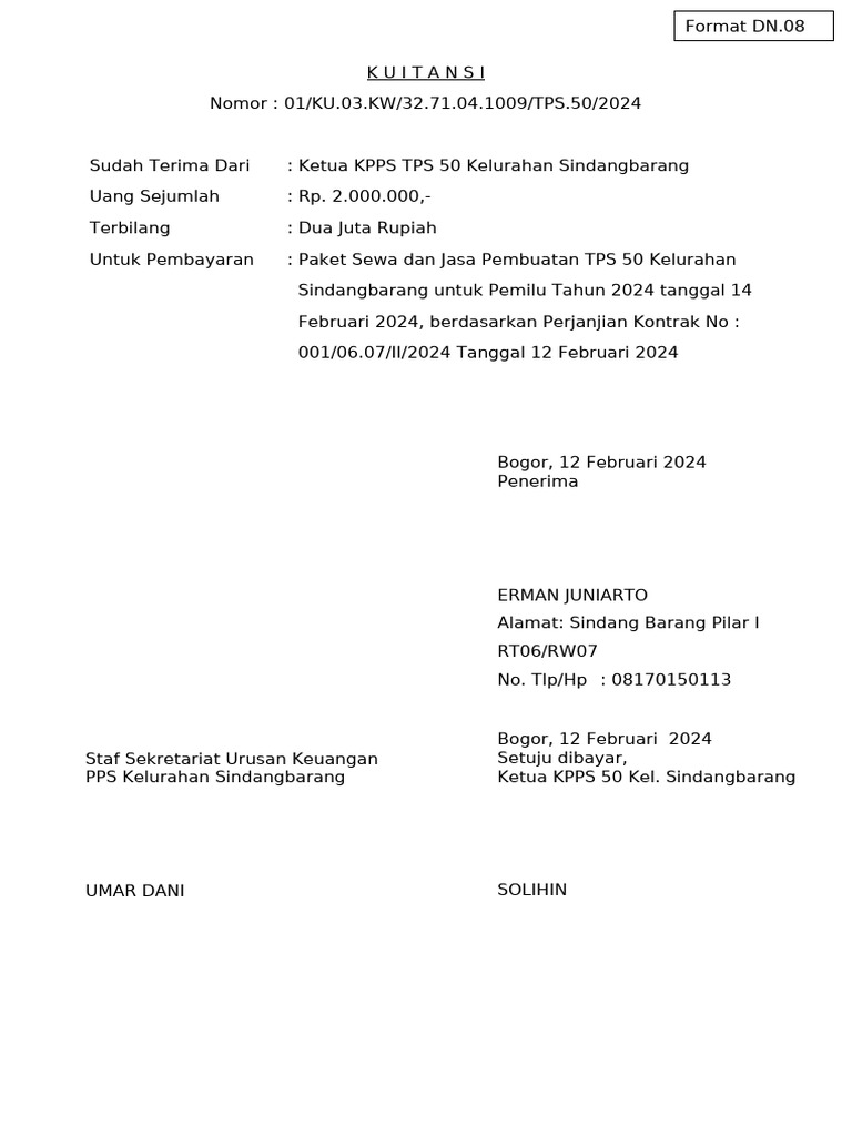 Kwitansi Pembayaran TPS 50 Pemilu 2024 | PDF
