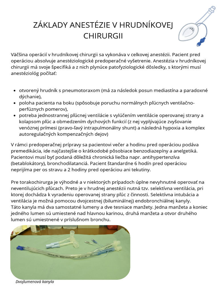 Základy Anestézie V Hrudníkovej Chirurgii | PDF