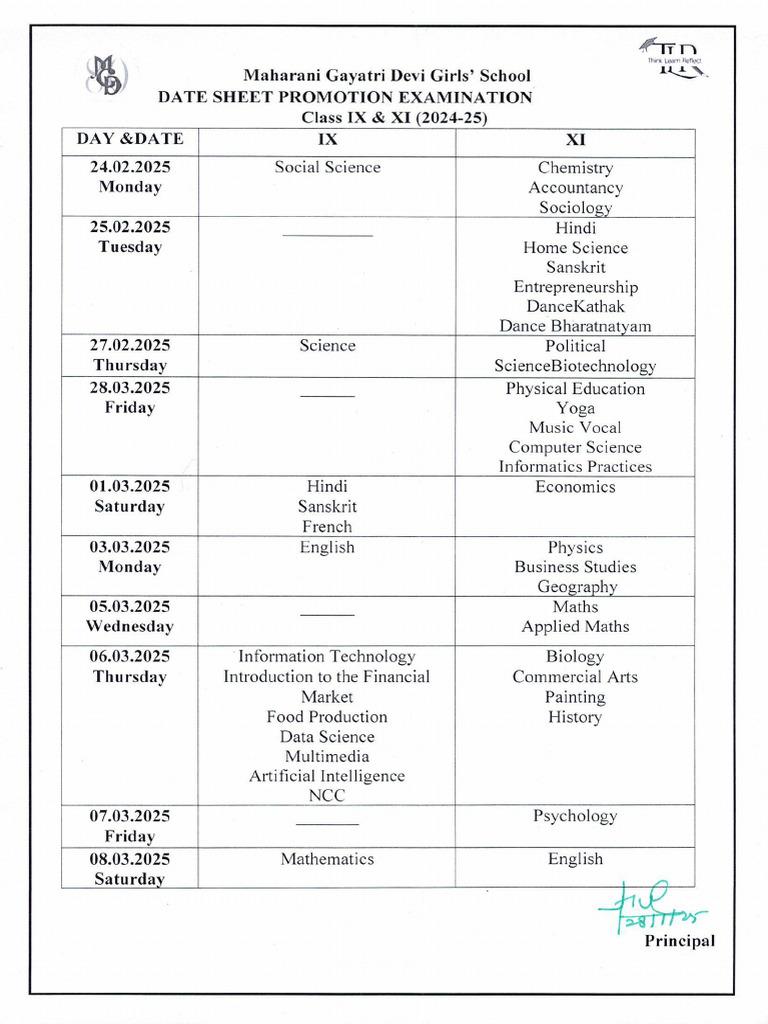 Date Sheet Promotion Exam (2024-2025) - Class IX & XI | PDF