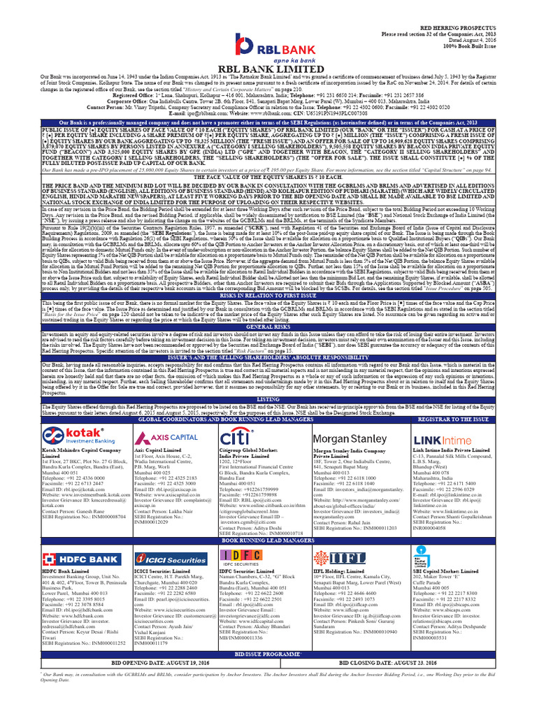 RBL Bank IPO Red Herring Prospectus | PDF | Stocks | Equity (Finance)