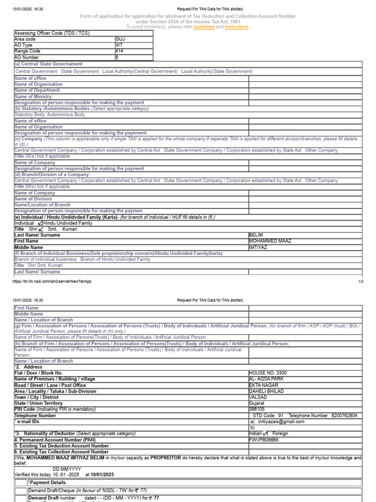 TAN Application Form for Tax Deduction | PDF | Banks | Cheque